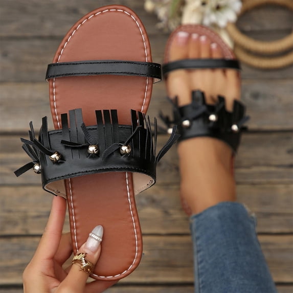 Bkhluea Women Fringe Studded Slide Sandals Slip On Comfortable Footwear ...