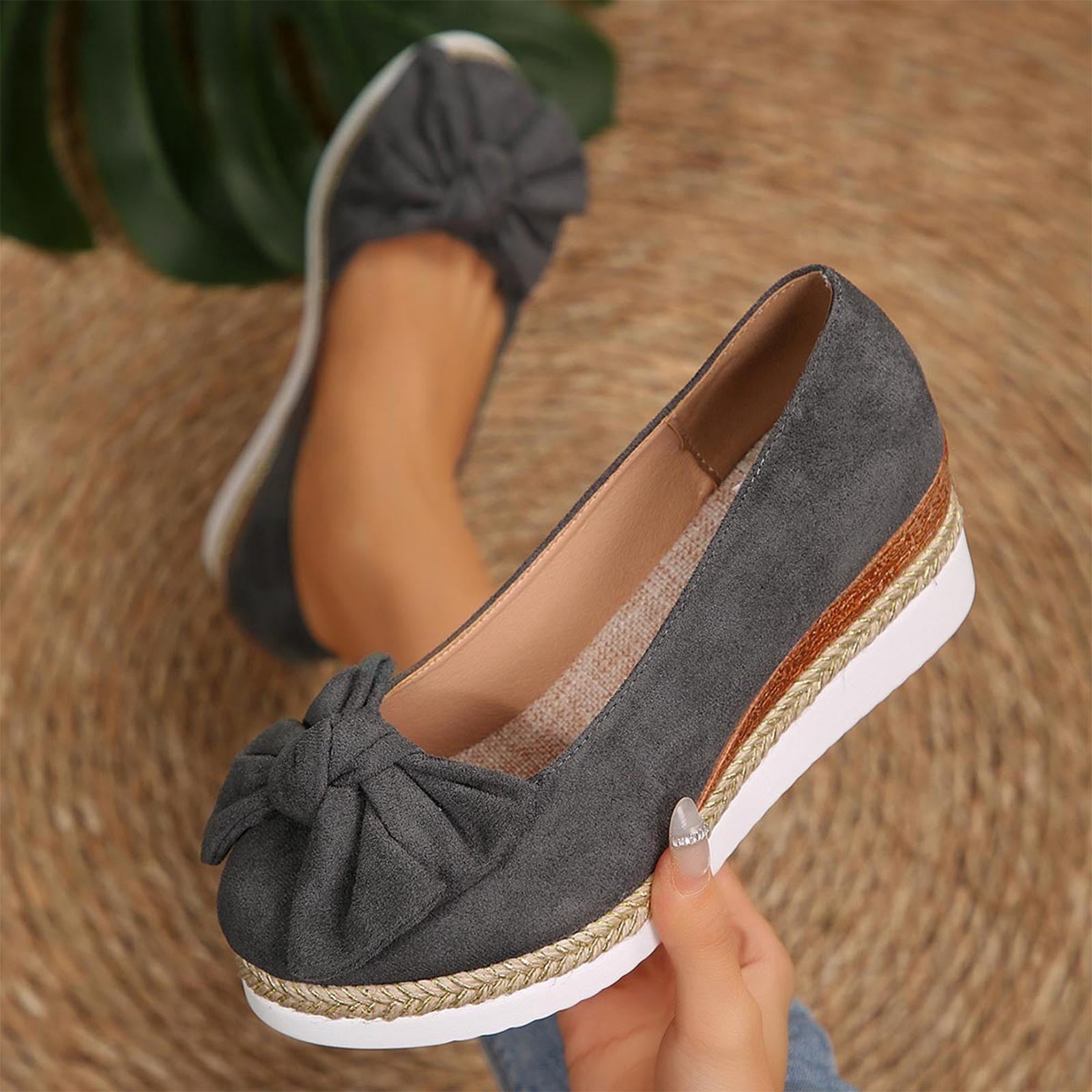 Bkhluea Women Front Bow Suede Espadrille Slip On Wedge Shoes Closed Toe ...