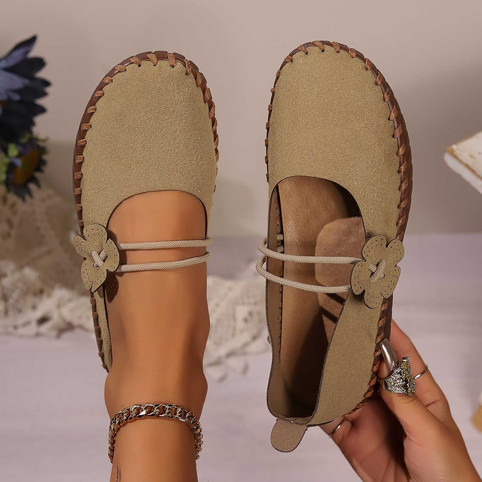 Bkhluea Women Front Fabric Flower Lace Up Stitch Detail Casual Flat ...