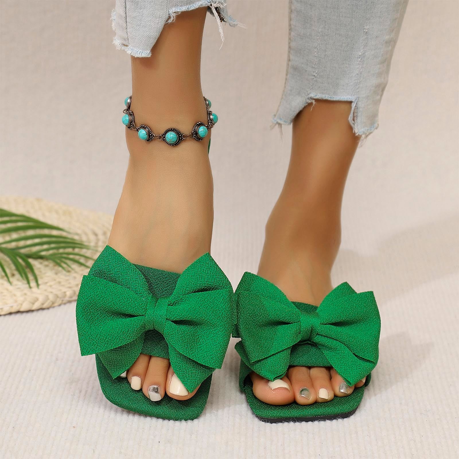Bkhluea Women Glitter Bow Accent Square Toe Flat Slide Sandals ...