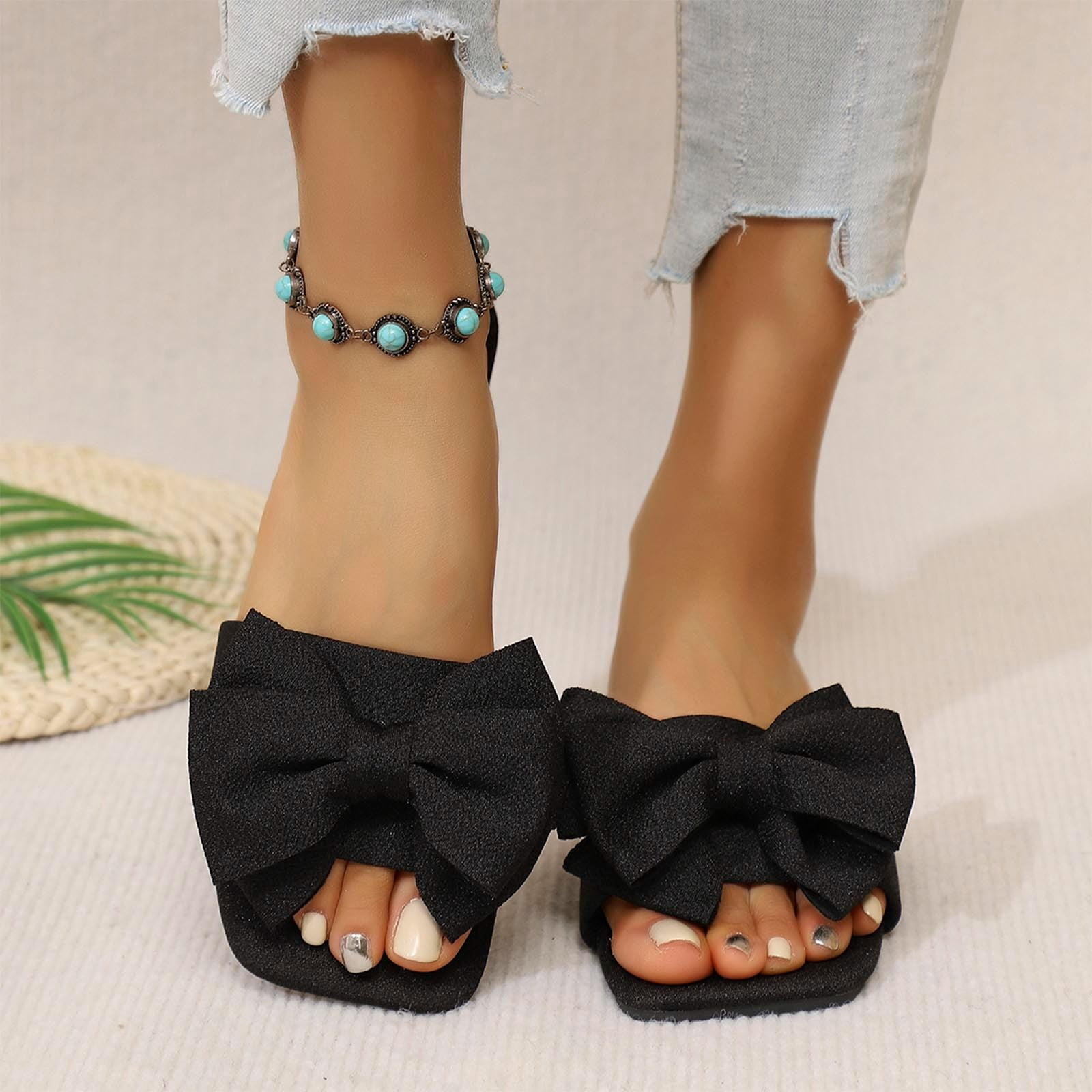 Bkhluea Women Glitter Bow Accent Square Toe Flat Slide Sandals ...