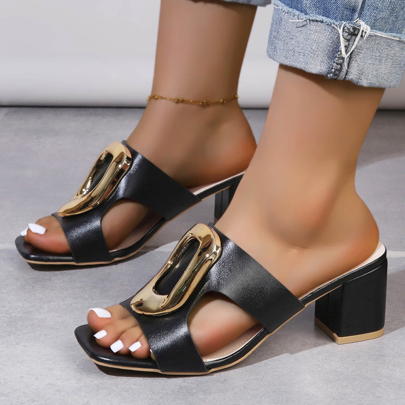Bkhluea Women Gold Buckle Block Heel Slide Sandals Comfortable Footwear ...