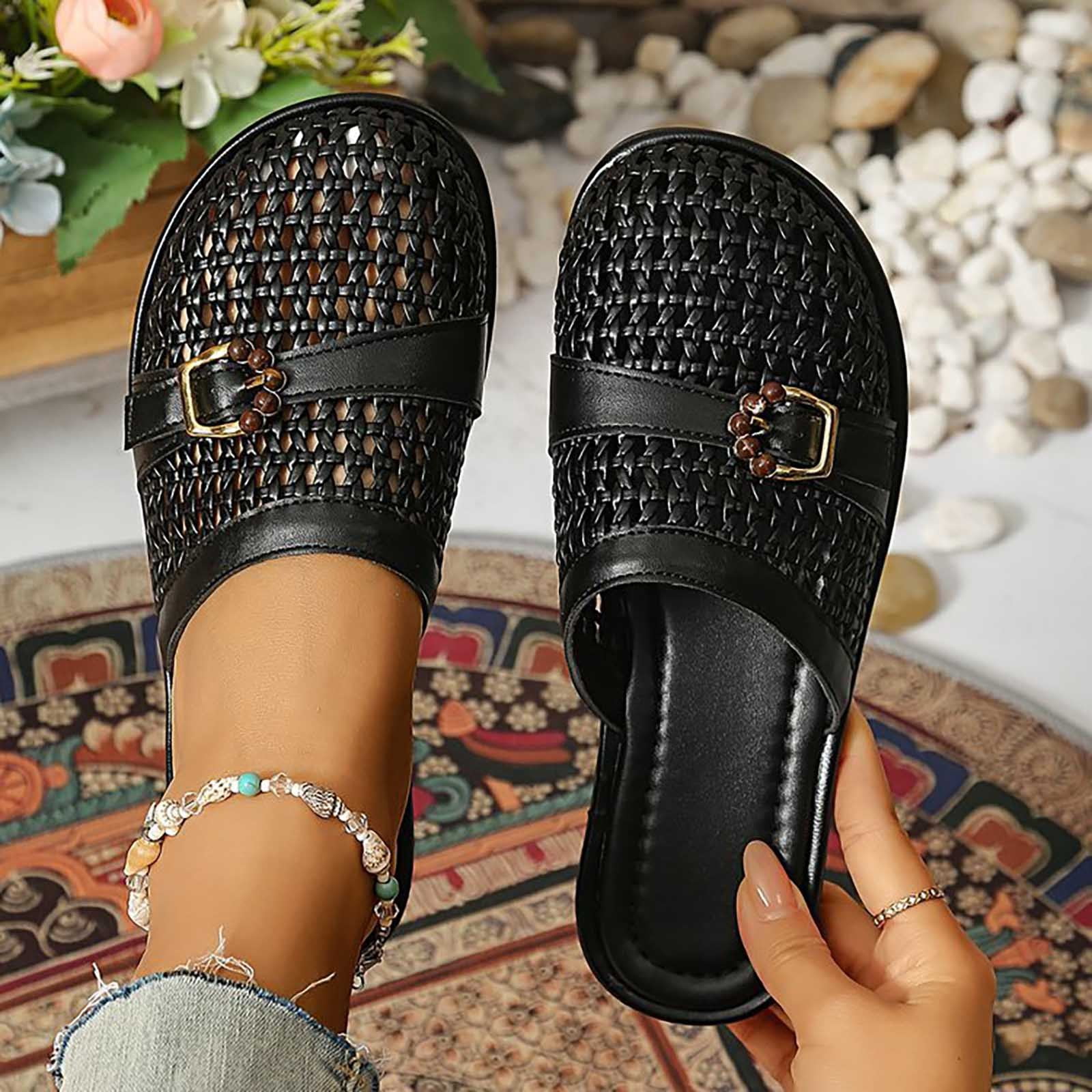Bkhluea Women Hollow Woven Straw Effect Buckle Detail Closed Toe Slide ...