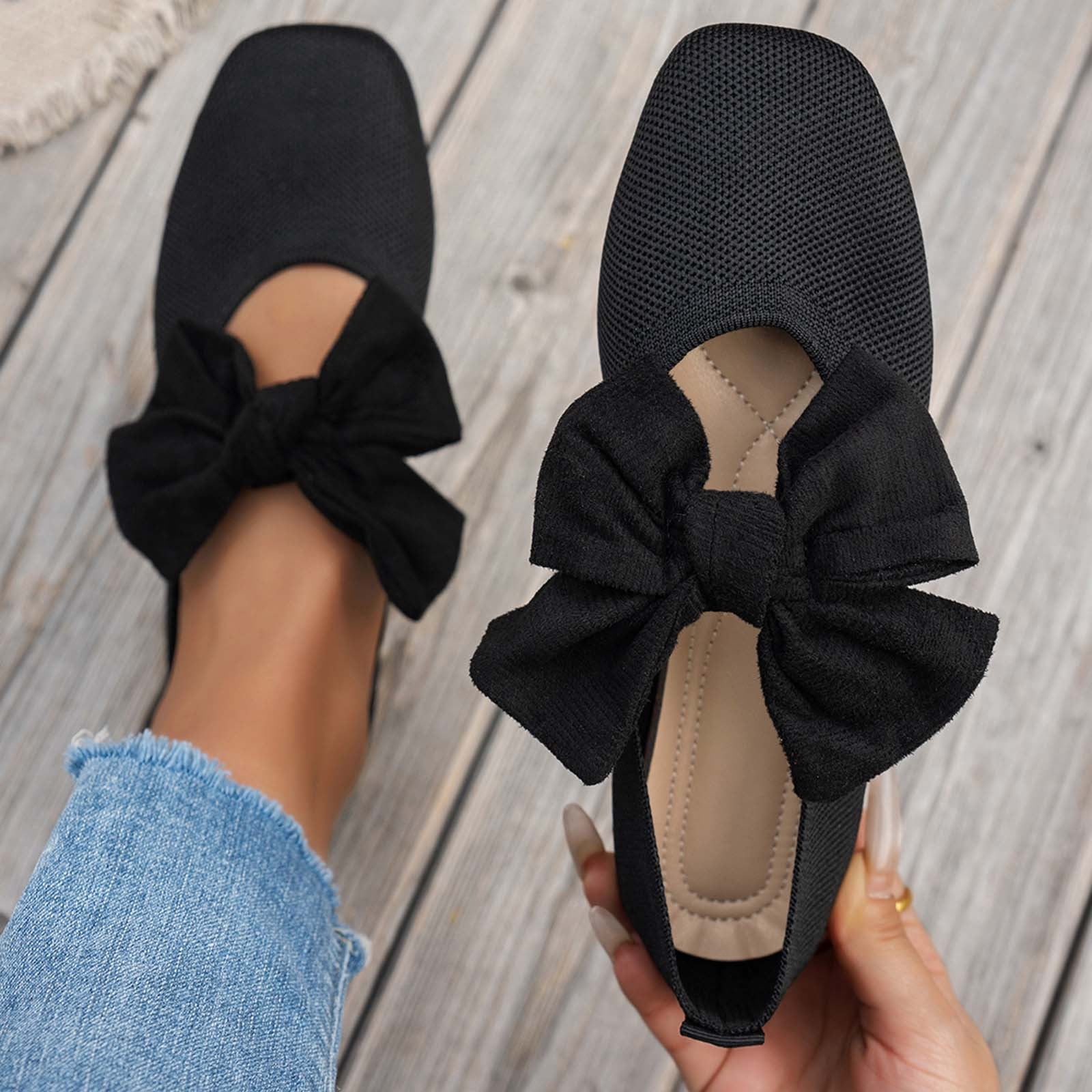 Bkhluea Women Knit Bow Accent Strap Square Toe Mary Jane Flats ...