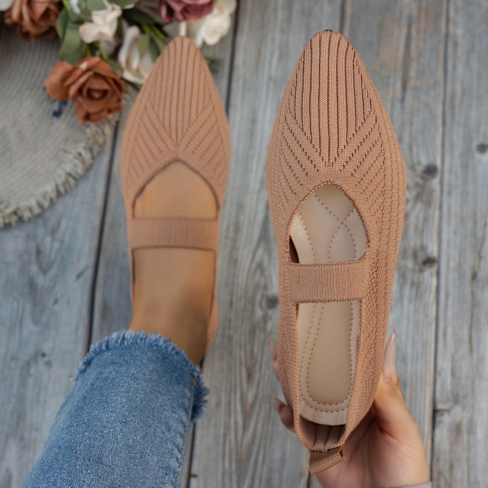 Bkhluea Women Knit Elastic Strap Pointed Toe Mary Jane Flats ...