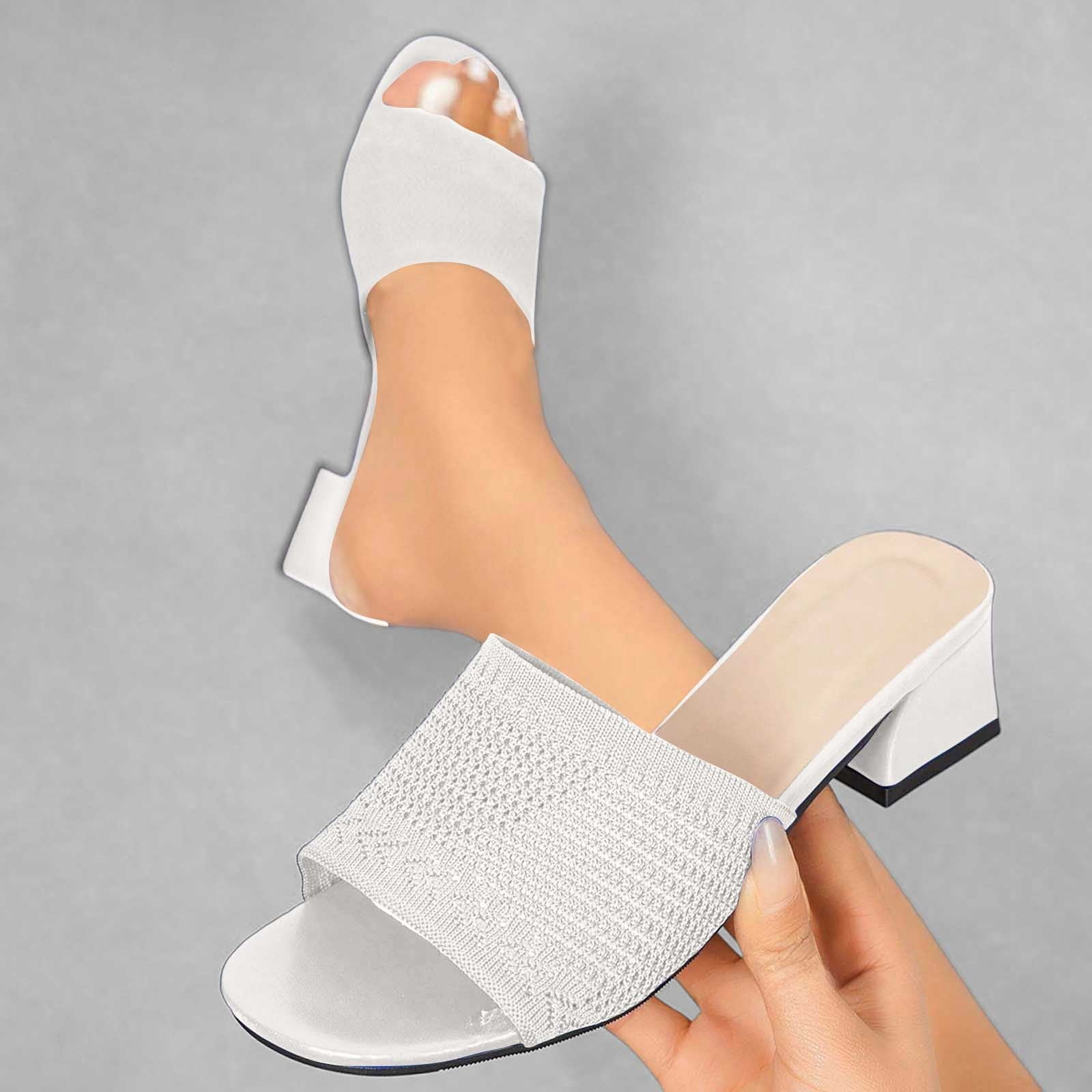 Bkhluea Women Knit Mesh Block Heel Slide Sandals Breathable Comfortable ...