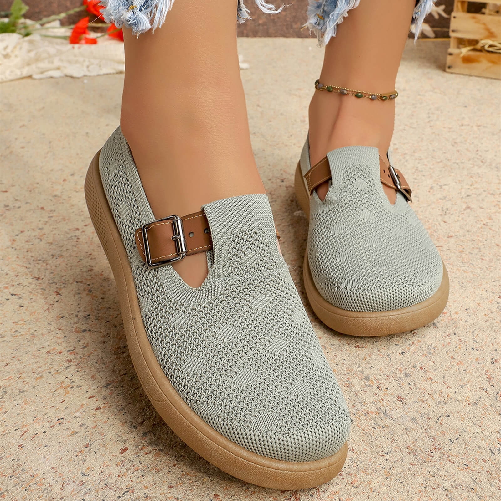 Bkhluea Women Knit Mesh Buckle Strap Slip On Casual Shoes Breathable ...