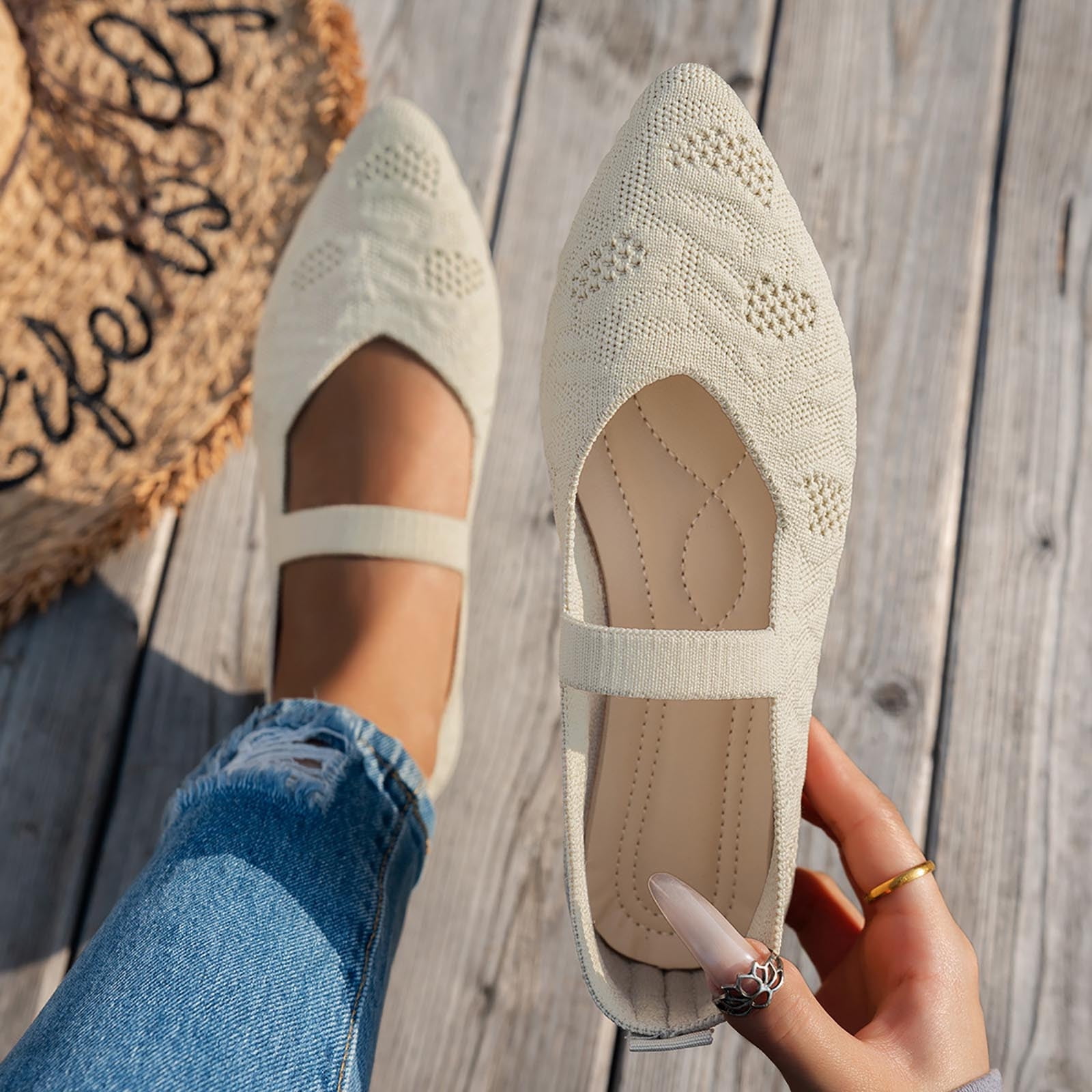 Bkhluea Women Knit Mesh Elastic Strap Pointed Toe Mary Jane Flats ...