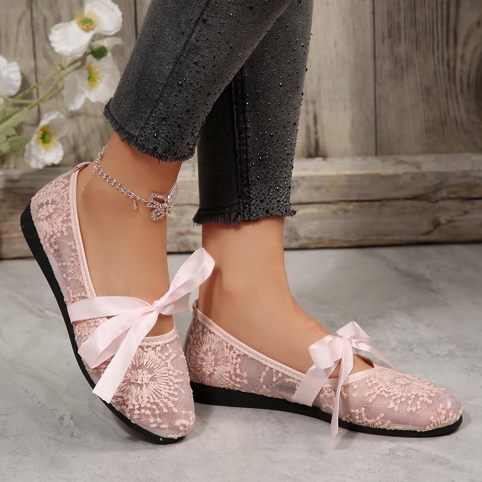 Bkhluea Women Lace Bow Accent Mary Jane Flats Comfortable Slip On ...
