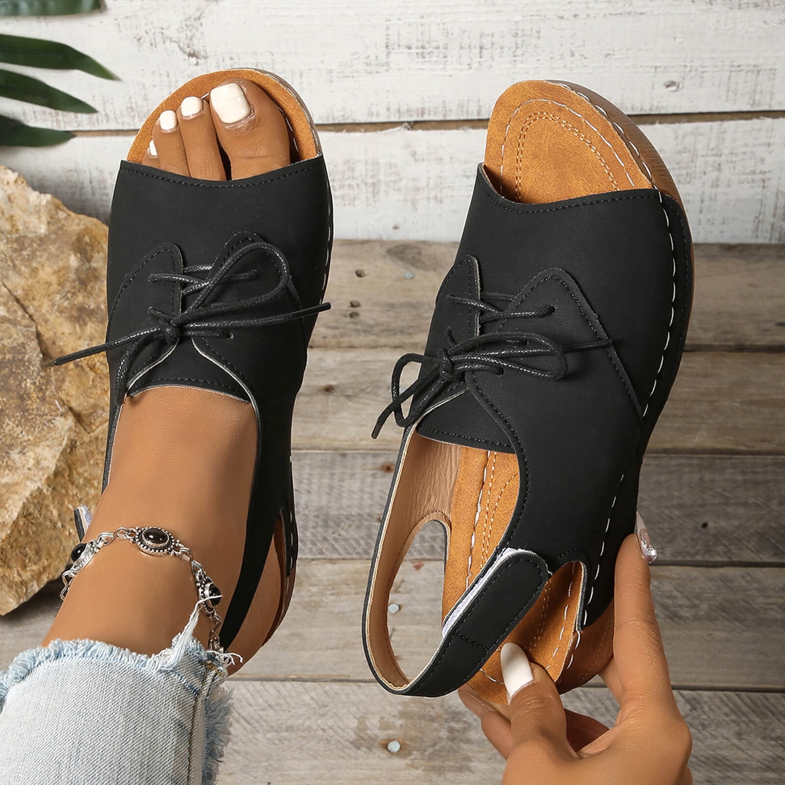 Bkhluea Women Lace Up Open Toe Slingback Comfort Sandals Breathable Non ...