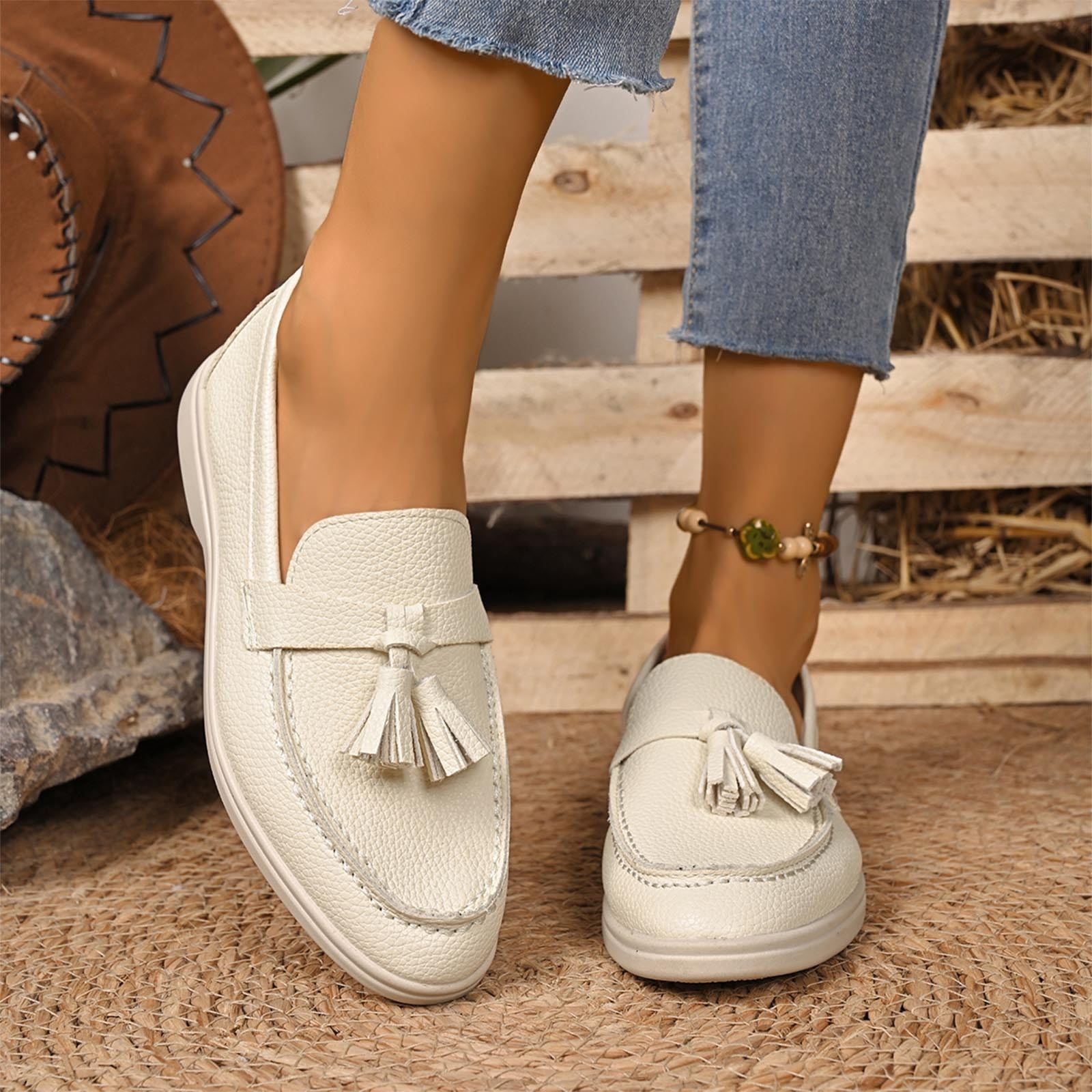 Bkhluea Women Leather Tassel Accent Slip On Loafers Comfortable ...