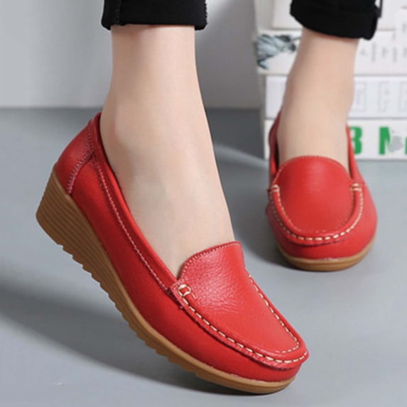 Bkhluea Women Leather Wedge Slip On Loafers Comfortable Footwear For ...