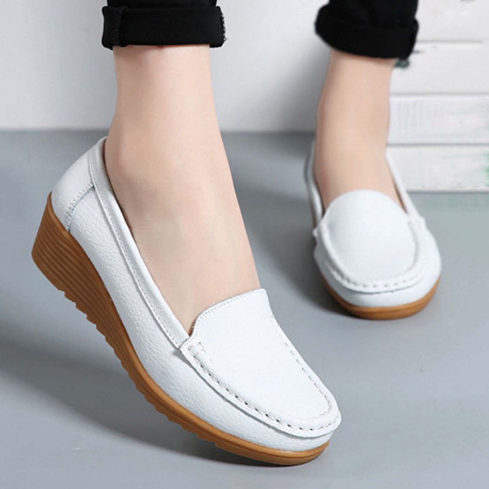 Bkhluea Women Leather Wedge Slip On Loafers Comfortable Footwear For ...