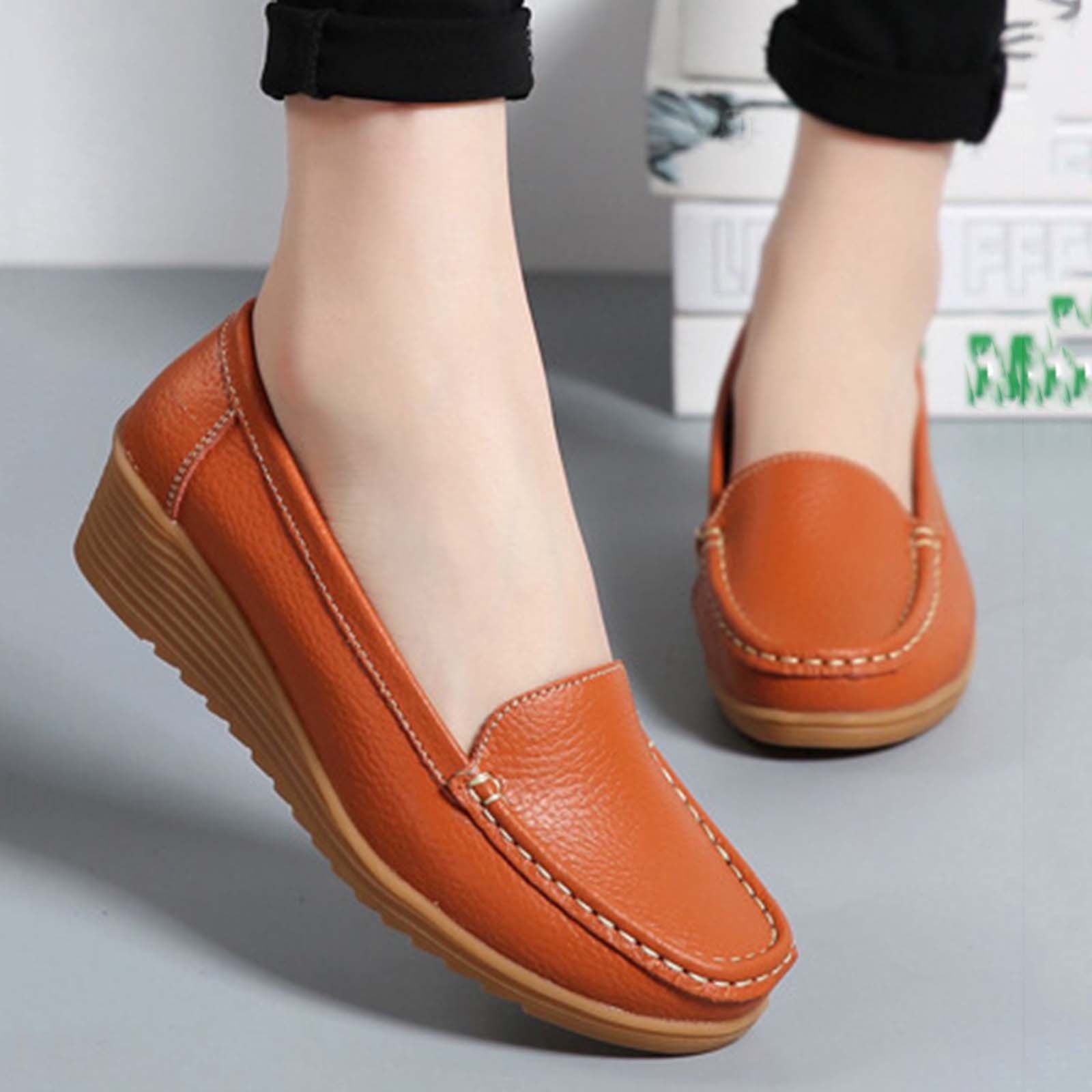 Bkhluea Women Leather Wedge Slip On Loafers Comfortable Footwear For ...