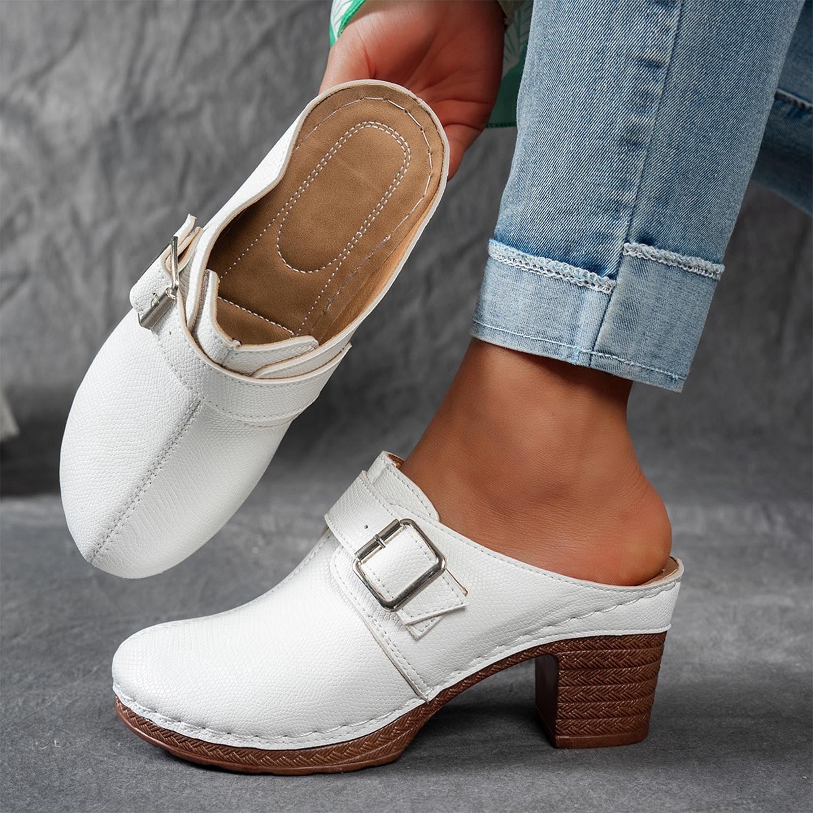 Bkhluea Women Mule Clogs Block Heel Buckle Slip On Shoes For Work ...