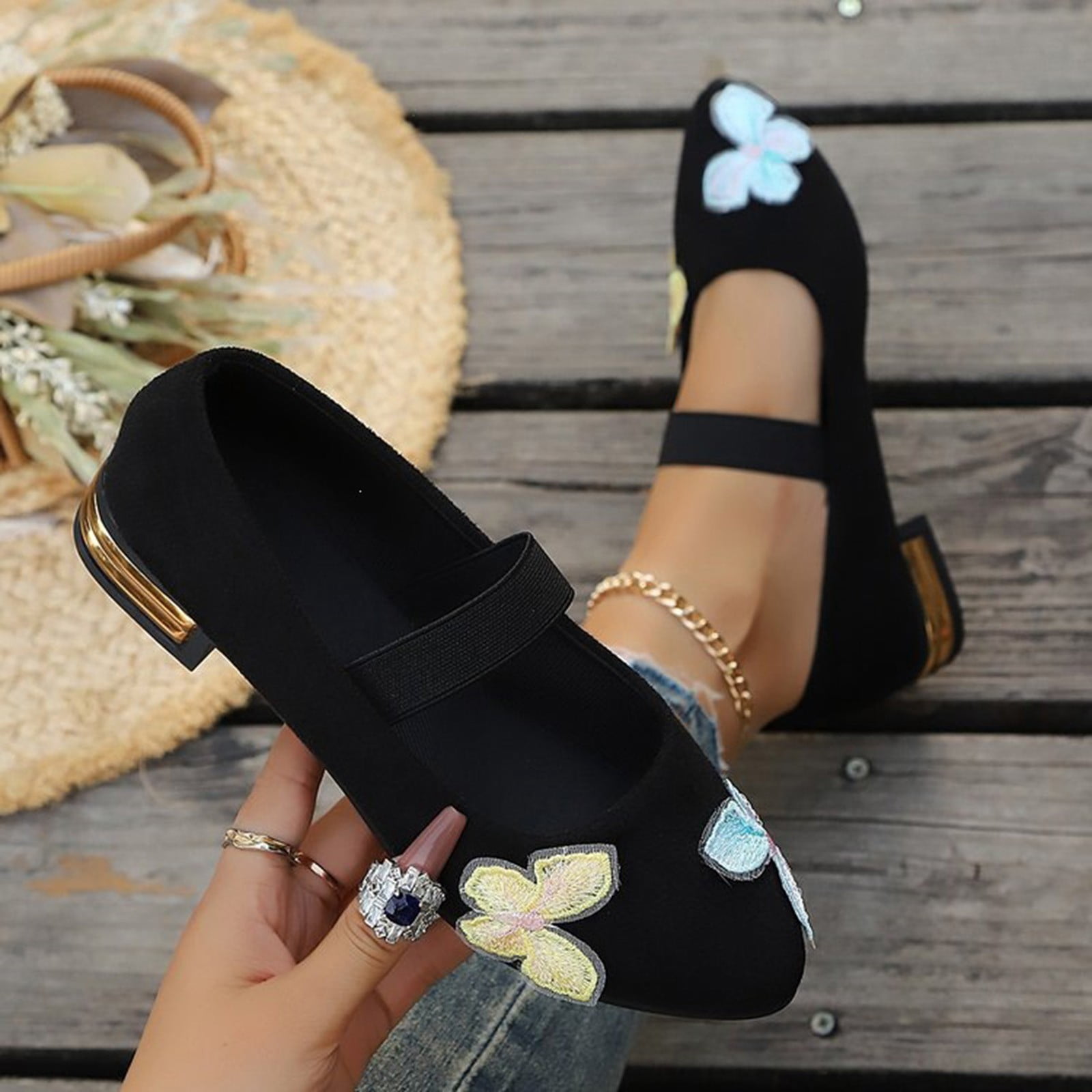 Bkhluea Women Multicolor Floral Embroidery Mary Jane Low Heel Shoes ...