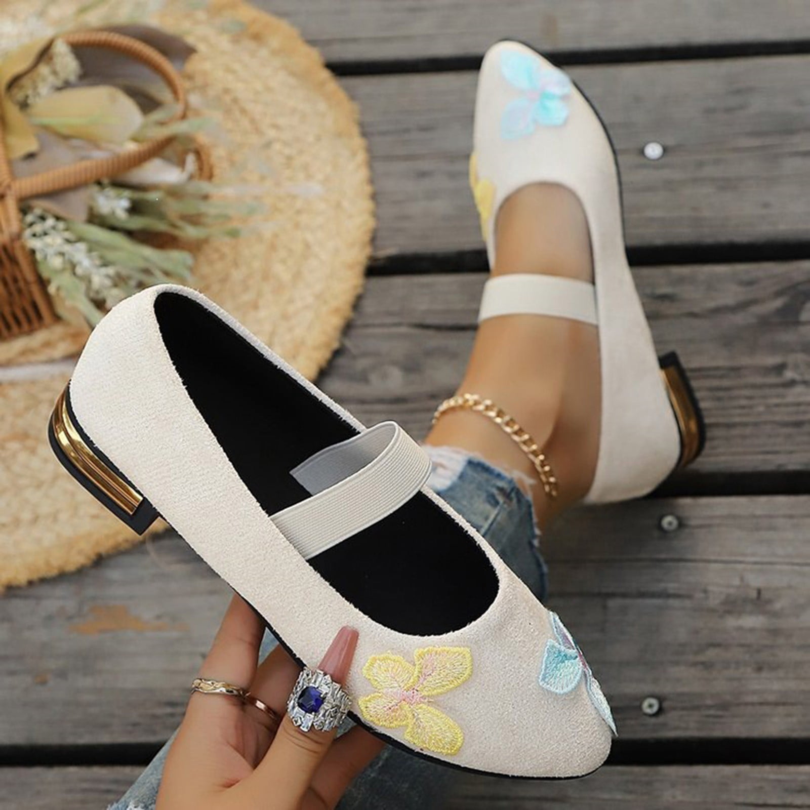 Bkhluea Women Multicolor Floral Embroidery Mary Jane Low Heel Shoes ...
