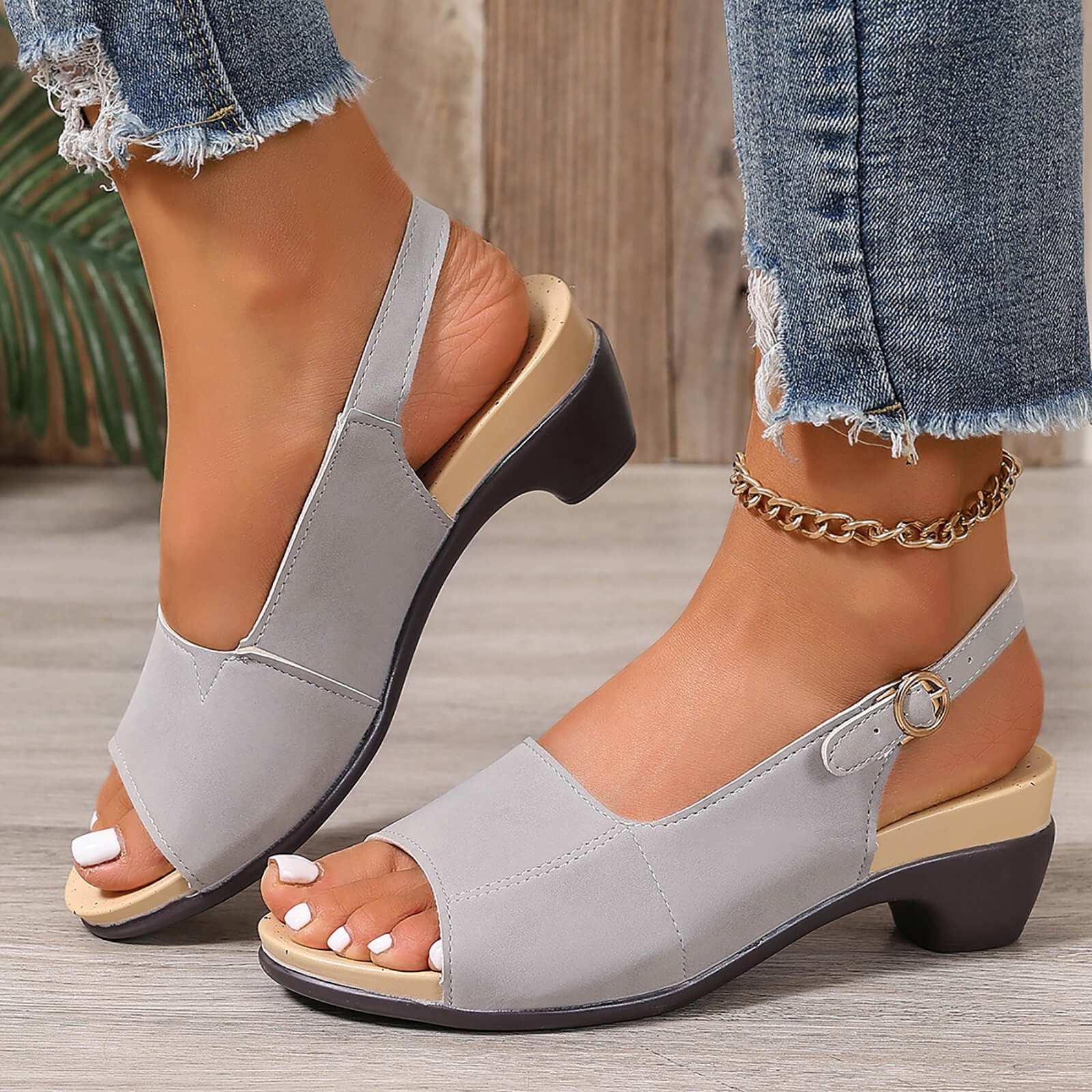 Bkhluea Women Peep Toe Slingback Sandals Low Heel Shoes Comfortable For ...