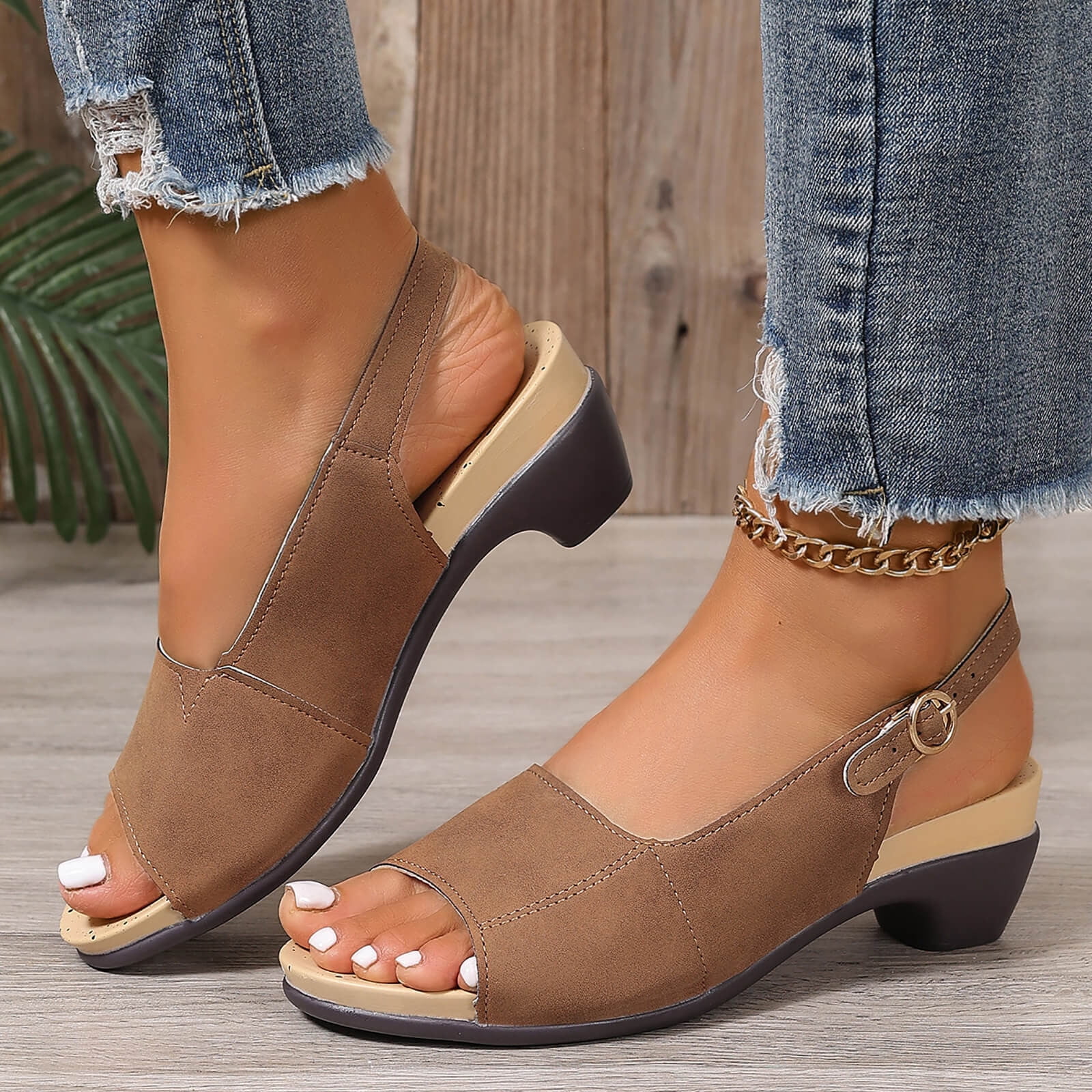 Bkhluea Women Peep Toe Slingback Sandals Low Heel Shoes Comfortable For ...