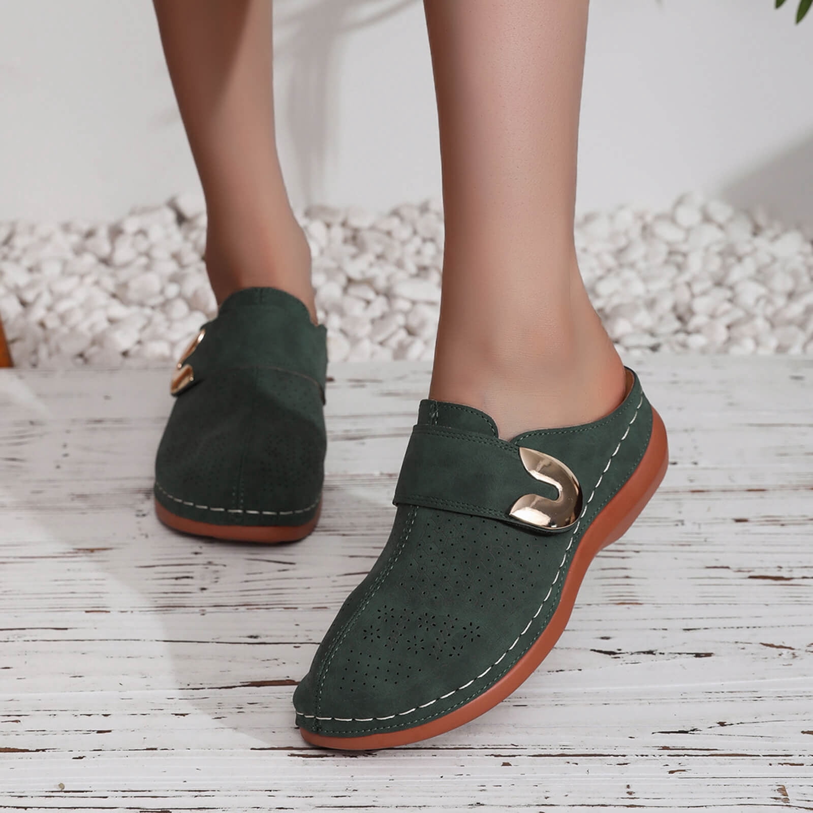 Bkhluea Women Perforated Buckle Mule Shoes Comfortable Slip On Footwear ...