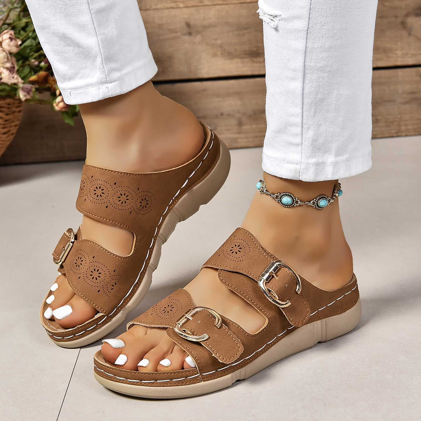 Bkhluea Women Perforated Double Buckle Cutout Platform Slide Sandals ...