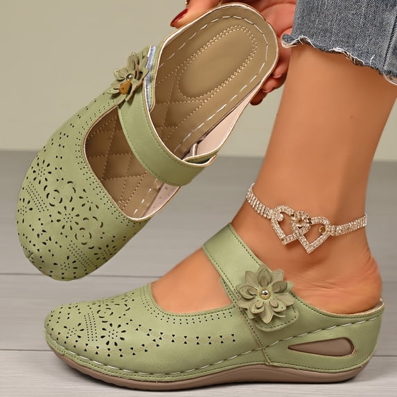 Bkhluea Women Perforated Floral Accent Mary Jane Closed Toe Mule ...