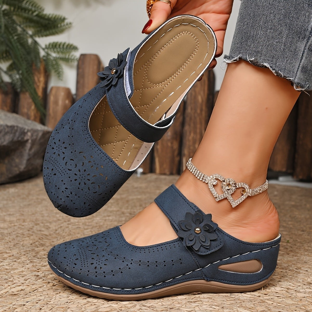 Bkhluea Women Perforated Floral Accent Mary Jane Closed Toe Mule ...