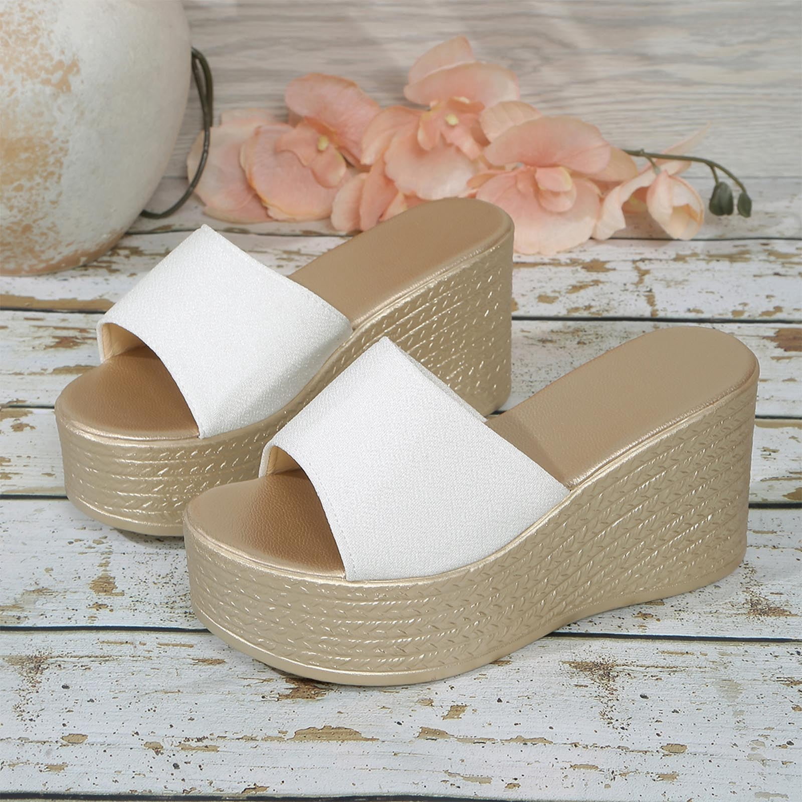 Bkhluea Women Plain Strap Espadrille Wedge Slide Sandals Comfortable ...