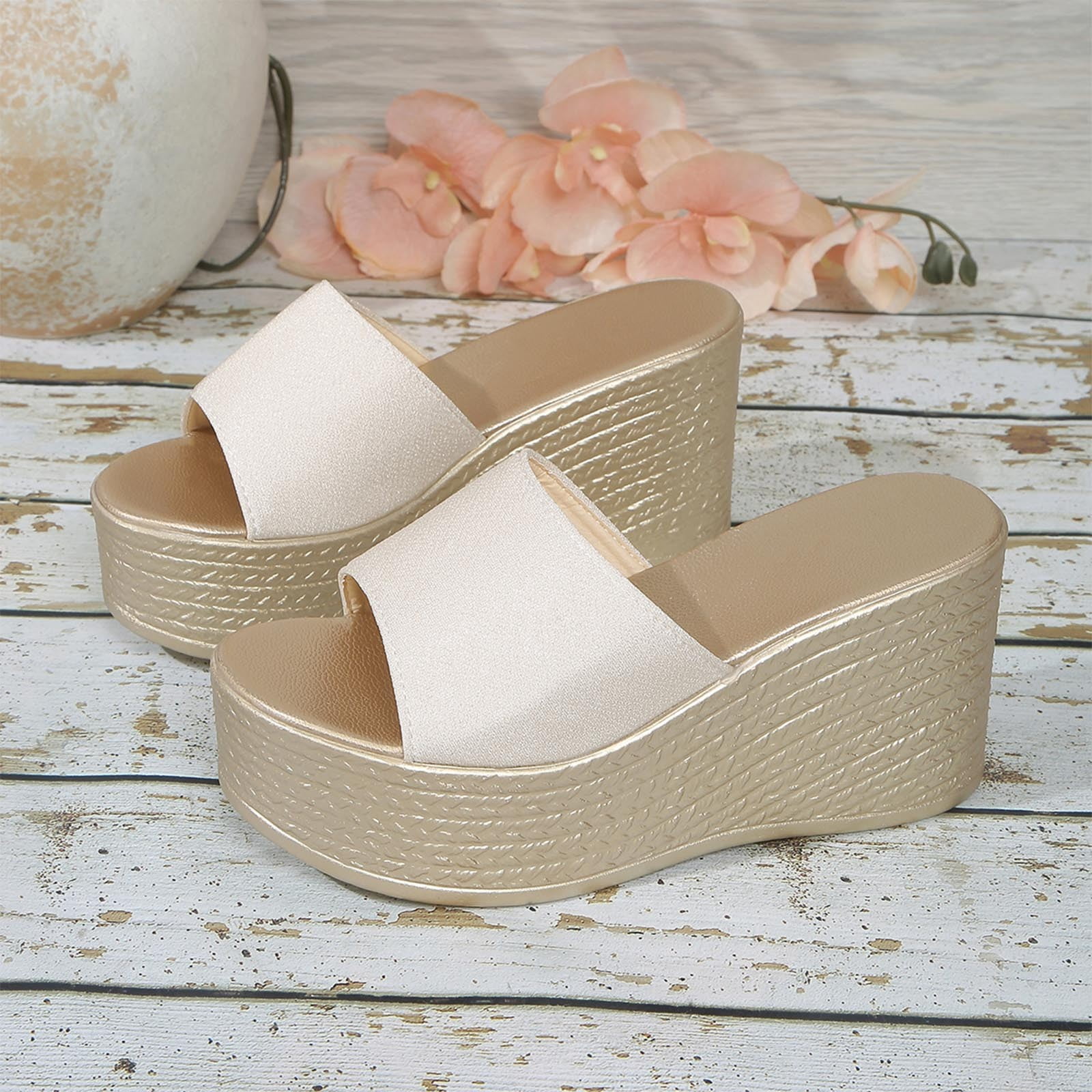 Bkhluea Women Plain Strap Espadrille Wedge Slide Sandals Comfortable ...