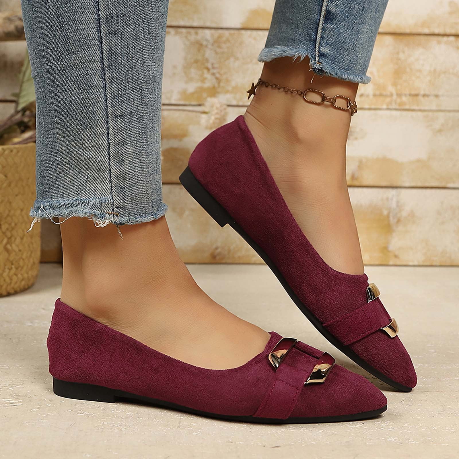 Bkhluea Women Pointed Toe Flat Shoes Metal Buckle Slip On Footwear For ...