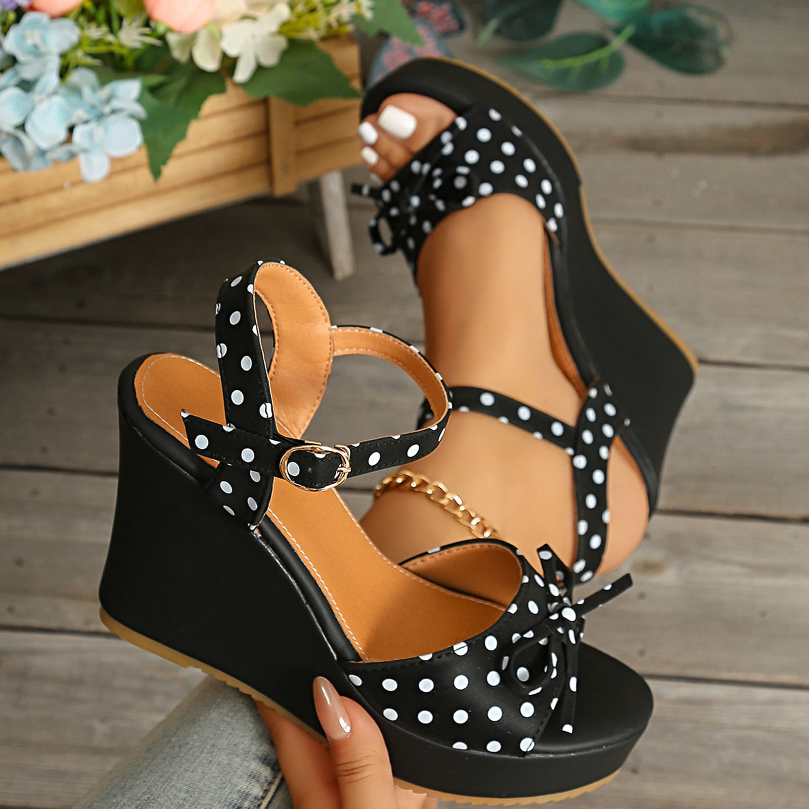 Bkhluea Women Polka Dot Bow Accent Ankle Strap Wedge Sandals ...