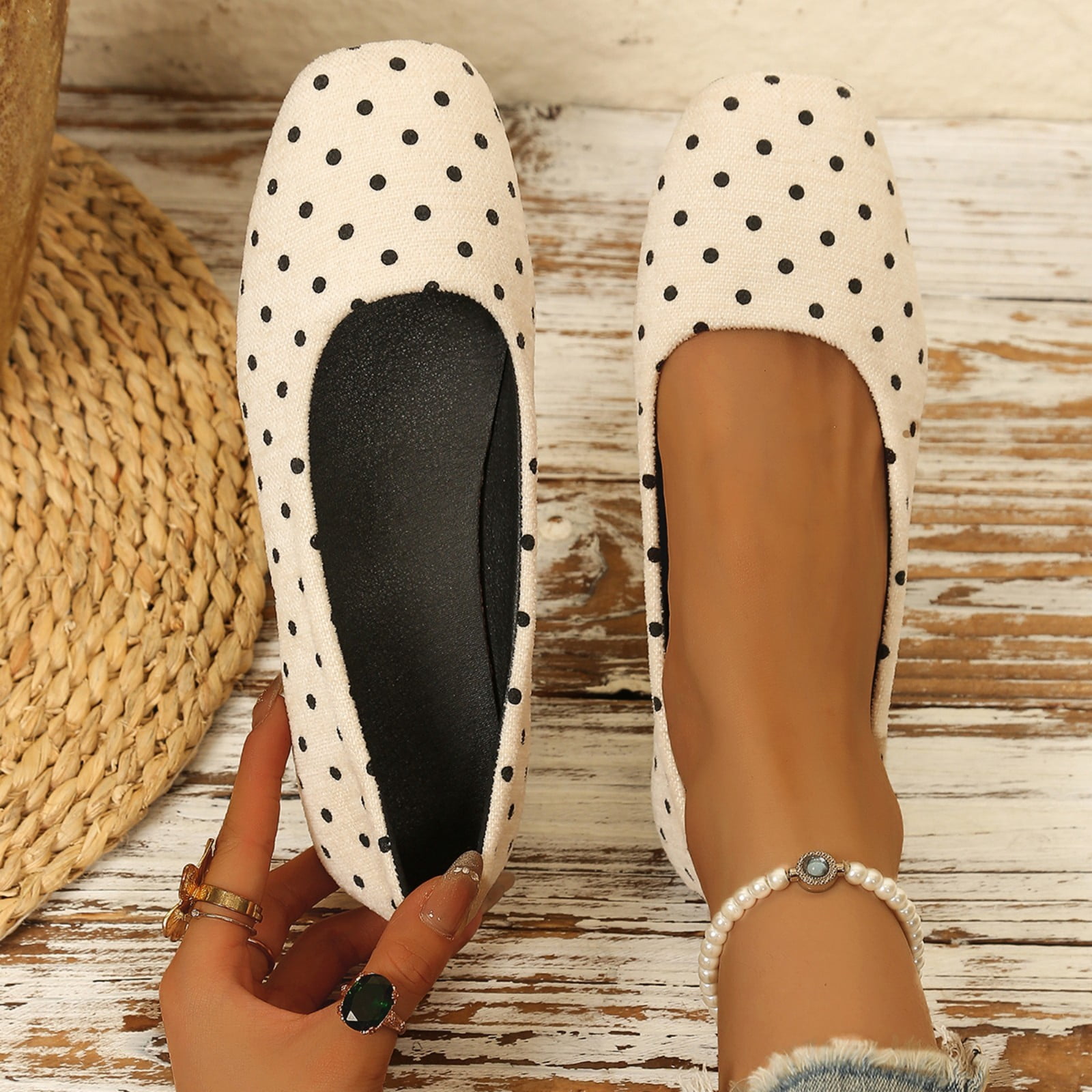 Bkhluea Women Polka Dot Fabric Round Toe Slip On Ballet Flats ...