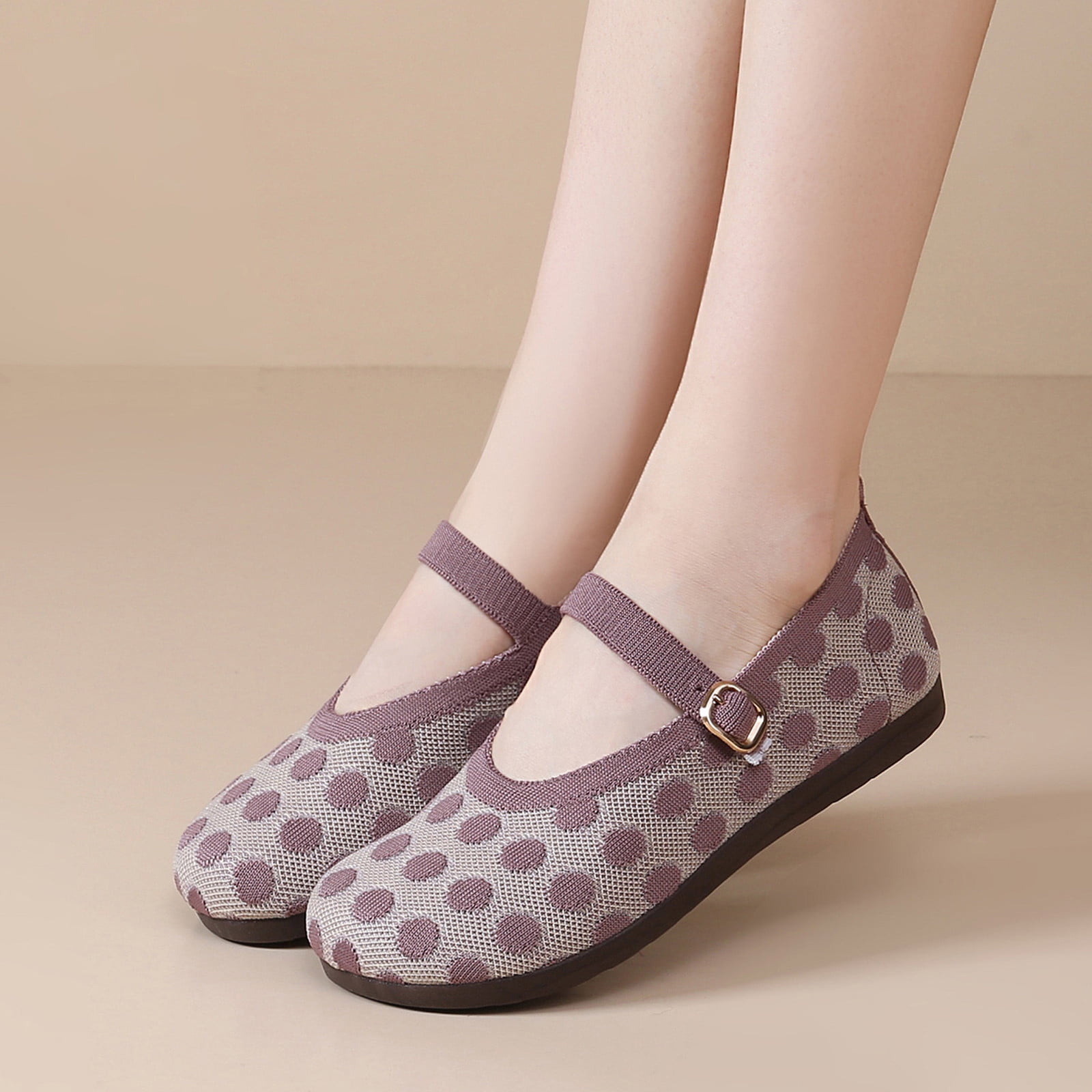Bkhluea Women Polka Dot Knit Mary Jane Slip On Ballet Flats Comfortable ...
