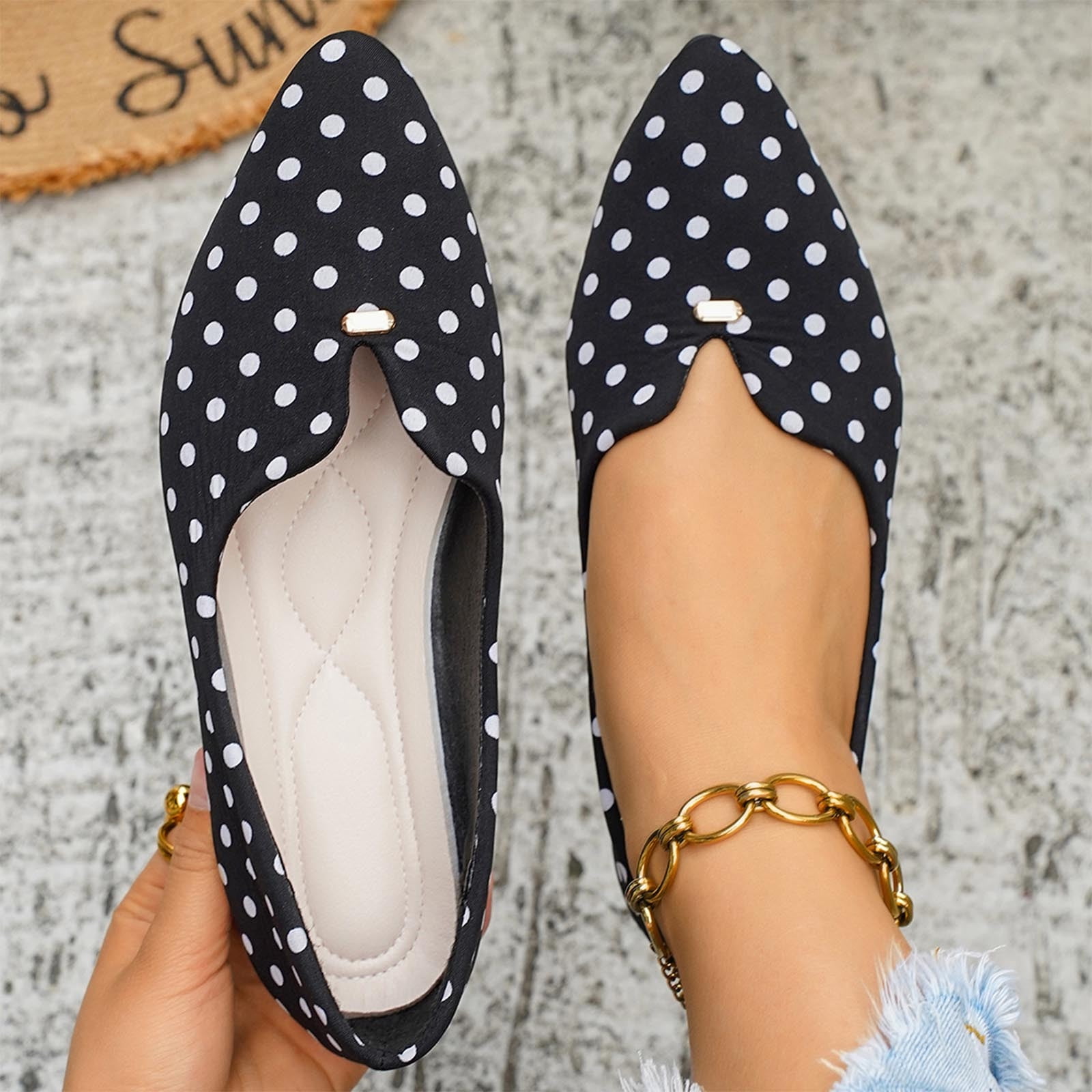 Bkhluea Women Polka Dot Notch Pointed Toe Slip On Ballet Flats Metal ...