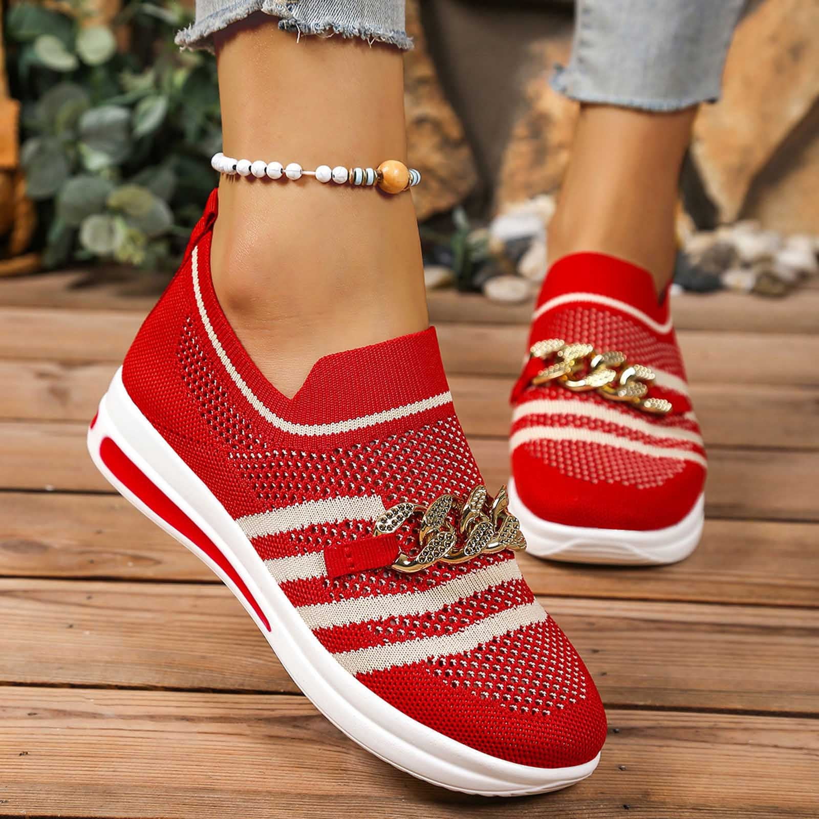 Bkhluea Women Rhinestone Chain Accent Mesh Knit Slip On Casual Shoes ...