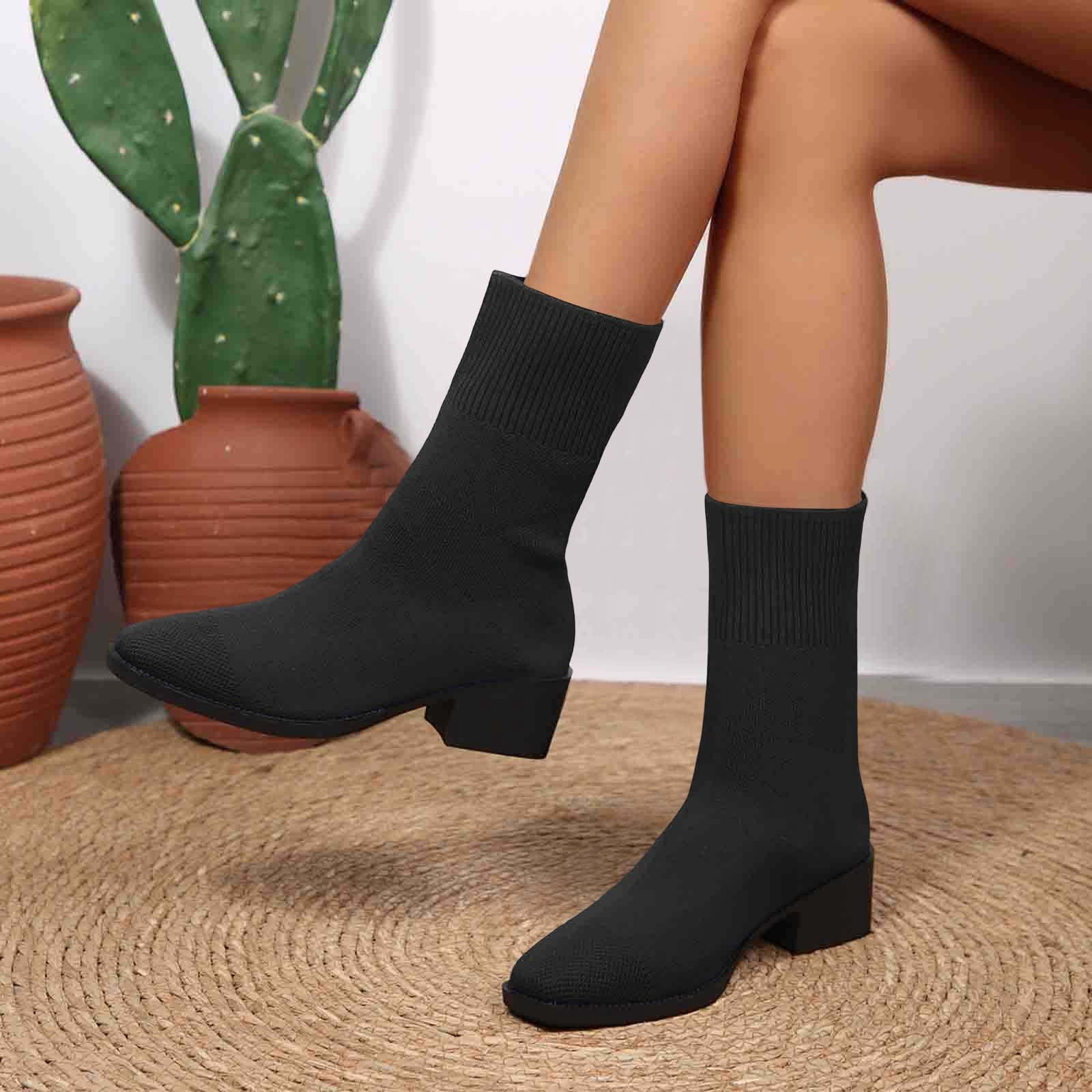 Bkhluea Women Ribbed Stretch Knit Mid Calf Sock Block Heel Boots Square ...