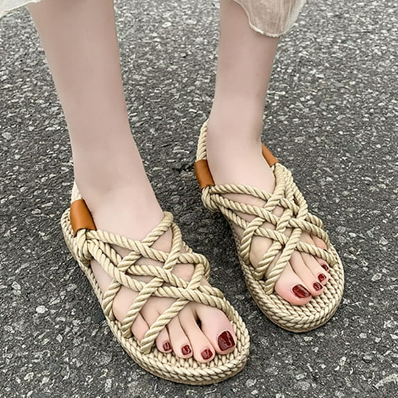 Bkhluea Women Rope Braided Ankle Strap Slide Sandals Comfortable ...