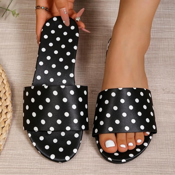 Bkhluea Women Single Band Polka Dot Satin Square Toe Flat Slide Sandals ...