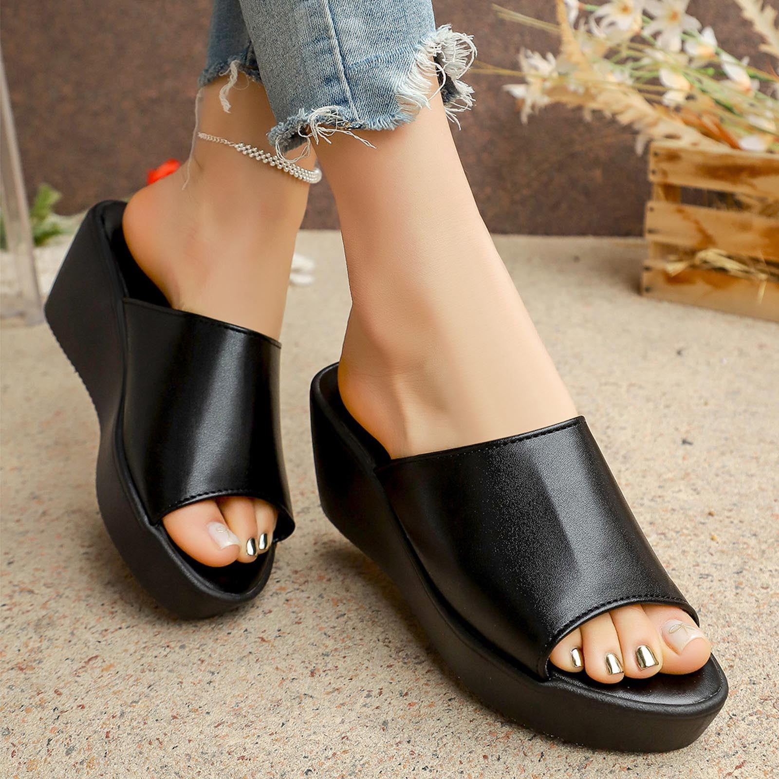 Bkhluea Women Single Strap Wedge Slide Sandals Slip On Comfortable ...