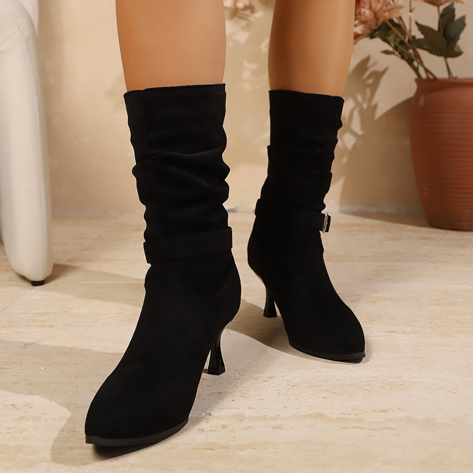 Bkhluea Women Slouch Suede Metal Buckle Strap Stiletto Mid Calf Boots ...