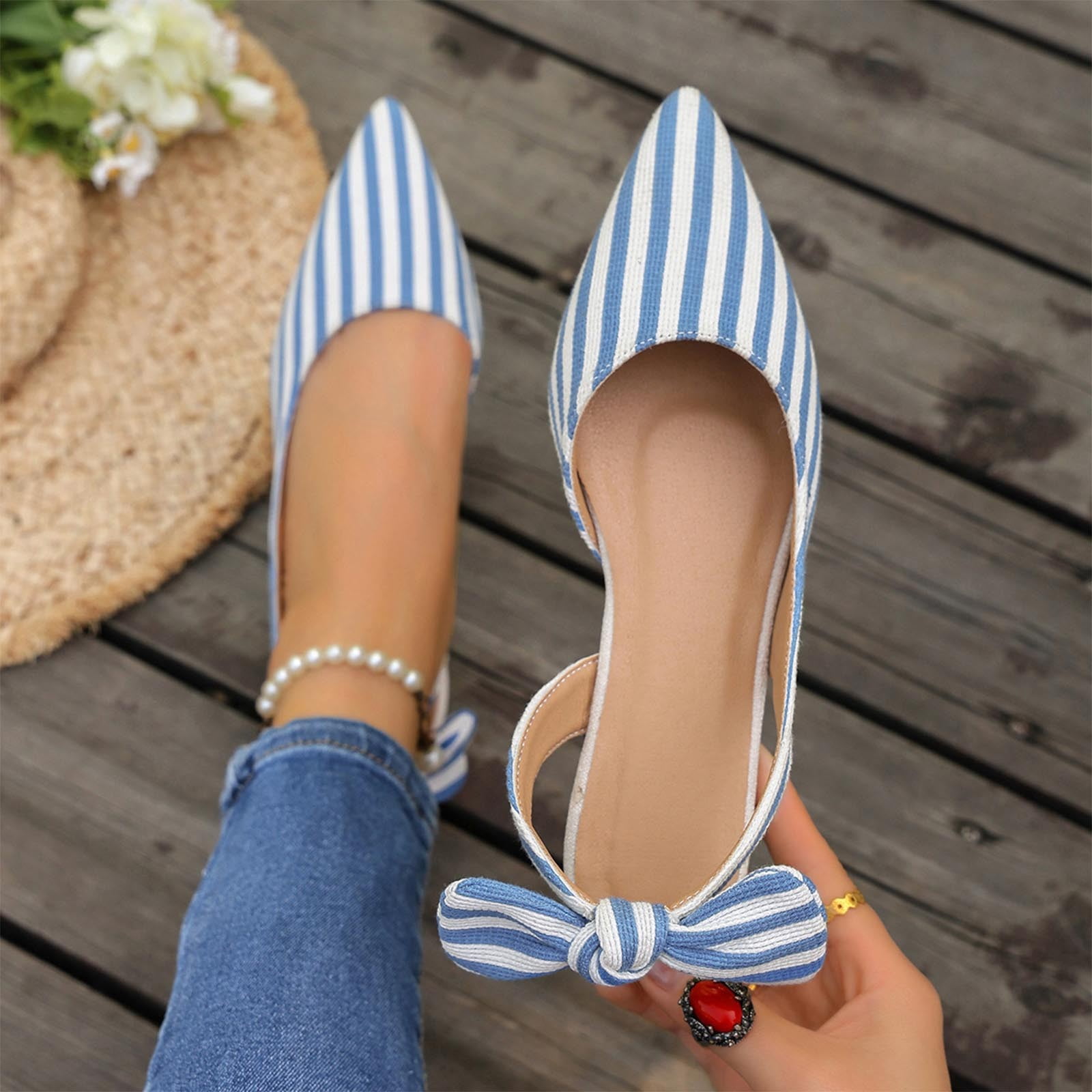 Bkhluea Women Striped Fabric Bow Accent Slingback Pointed Toe Flats ...
