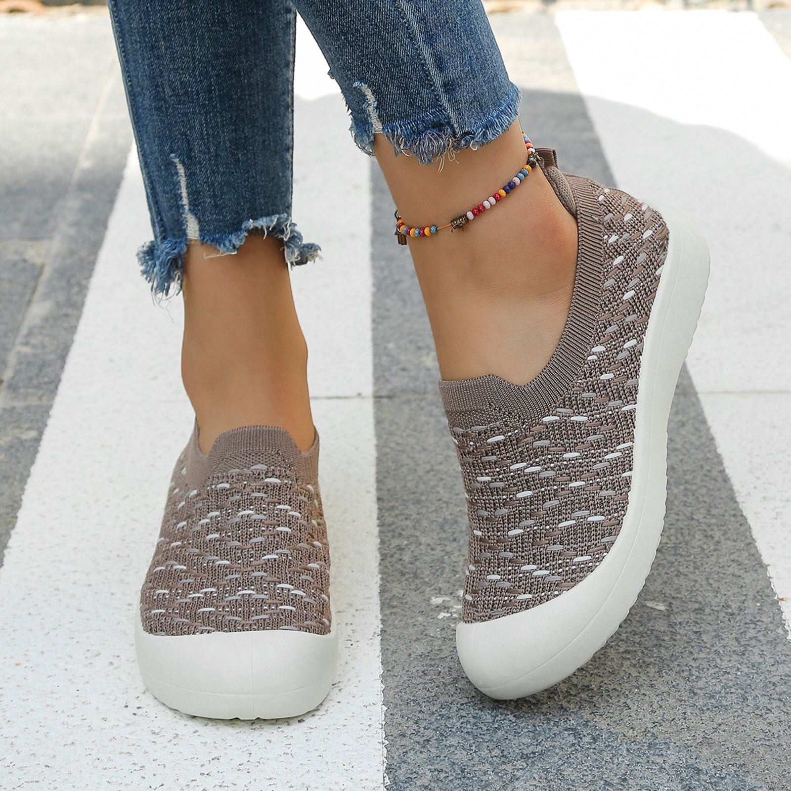 Bkhluea Women Striped Mesh Knit Slip On Casual Walking Shoes Breathable ...