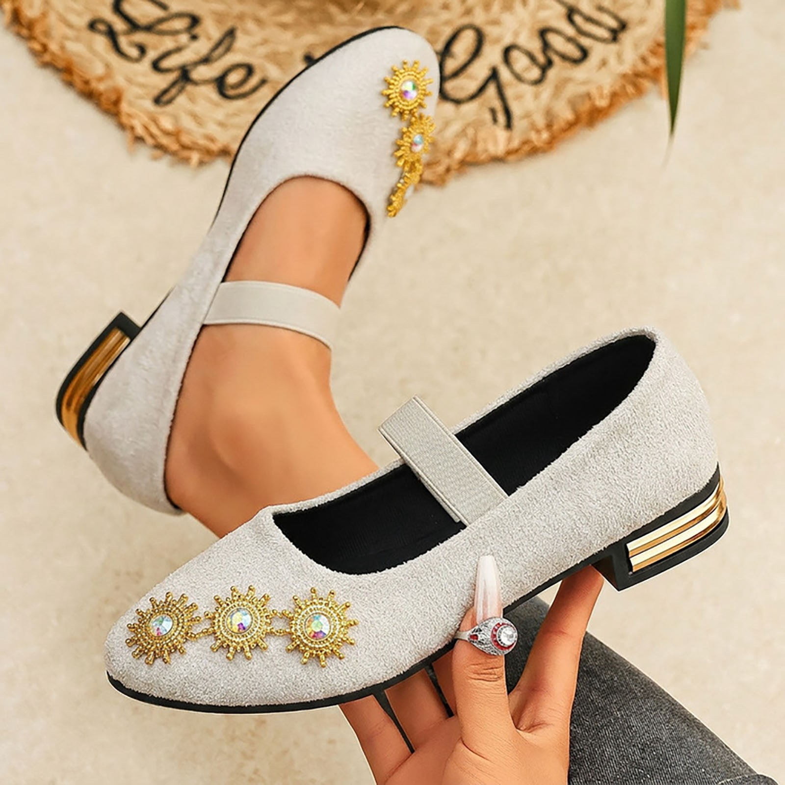 Bkhluea Women Sun Embroidery Rhinestone Suede Mary Jane Low Block Heel ...