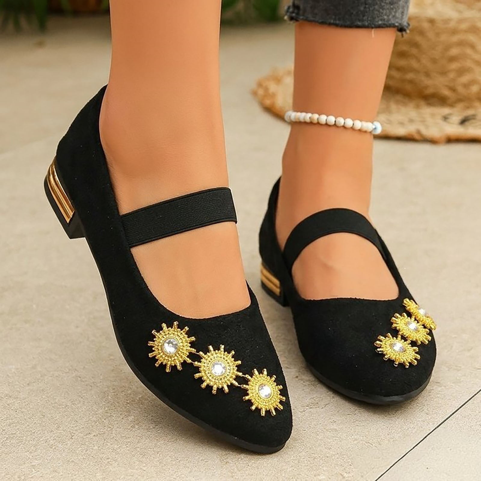 Bkhluea Women Sun Embroidery Rhinestone Suede Mary Jane Low Block Heel ...