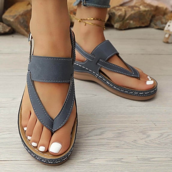 Bkhluea Women Thong Ankle Buckle Stitch Detail Platform Wedge Sandals ...
