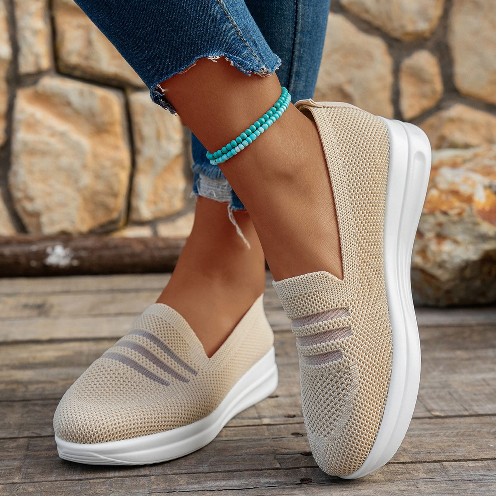 Bkhluea Women Three Stripe Hollow Knit Slip On Platform Walking Shoes ...
