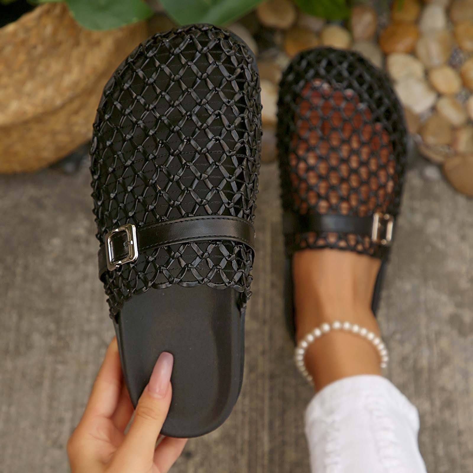 Bkhluea Women Woven Mesh Buckle Strap Closed Toe Mule Sandals ...