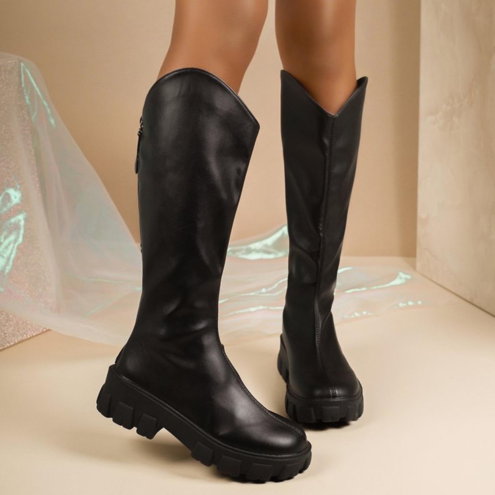 Bkhluea Women's Square Toe Knee High Boots Motorcycle Riding Pull-on ...