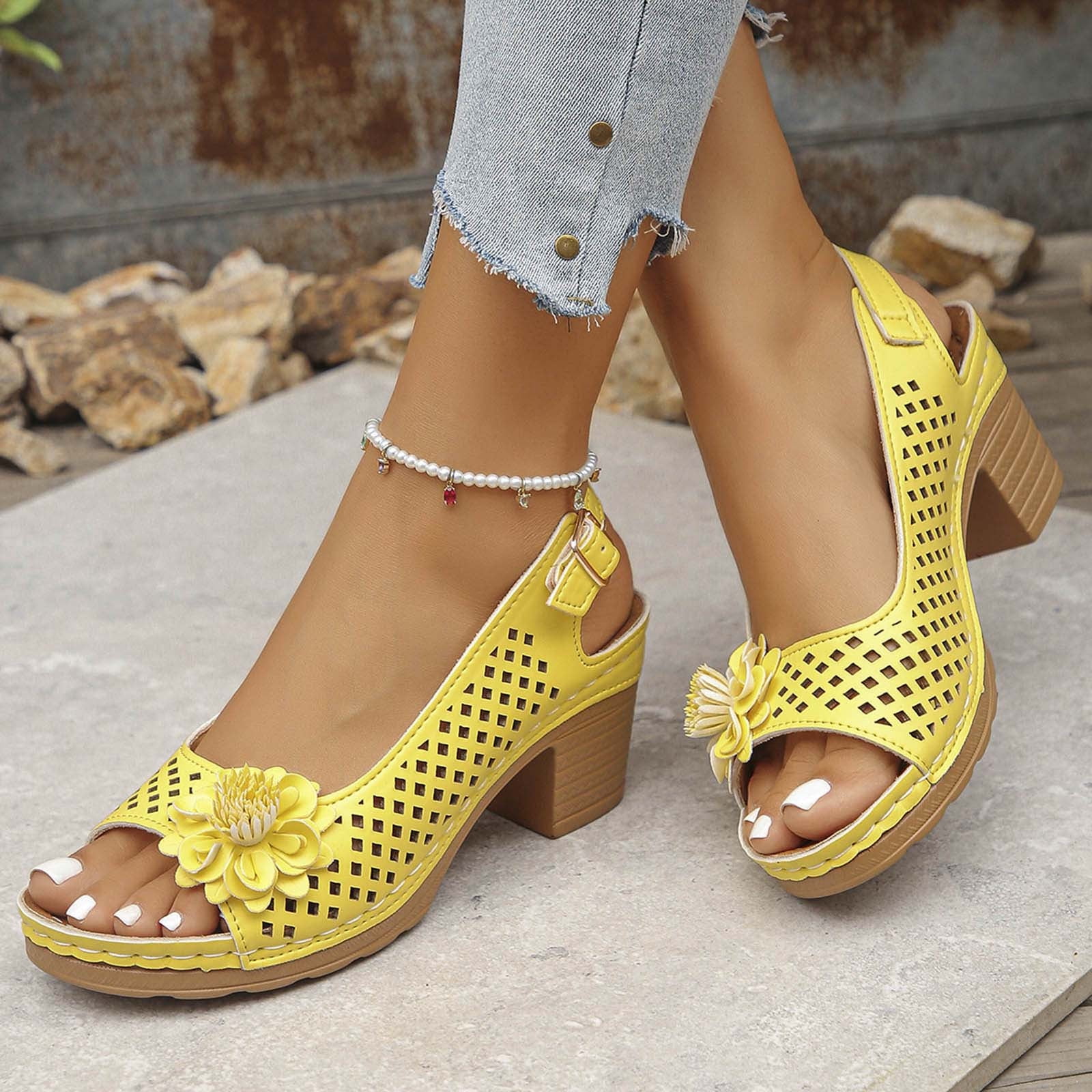 Bkhluea Womens Chunky High Block Heels Fish Mouth Flowers Sandals 2025 ...