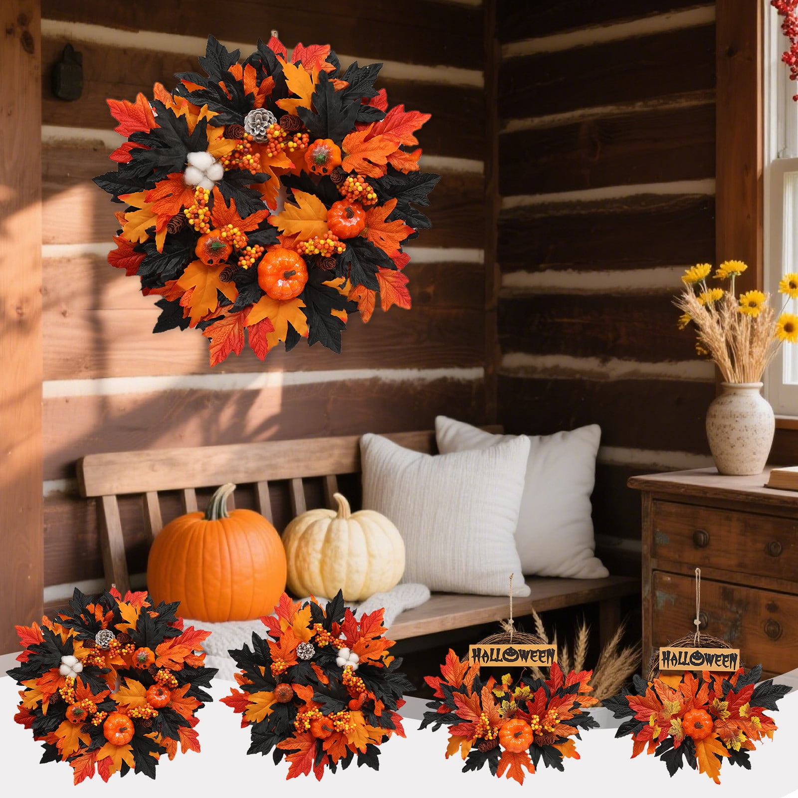 Bksdlh Halloween Wreath, Ghost Festival Door Hanging with Pumpkin and ...